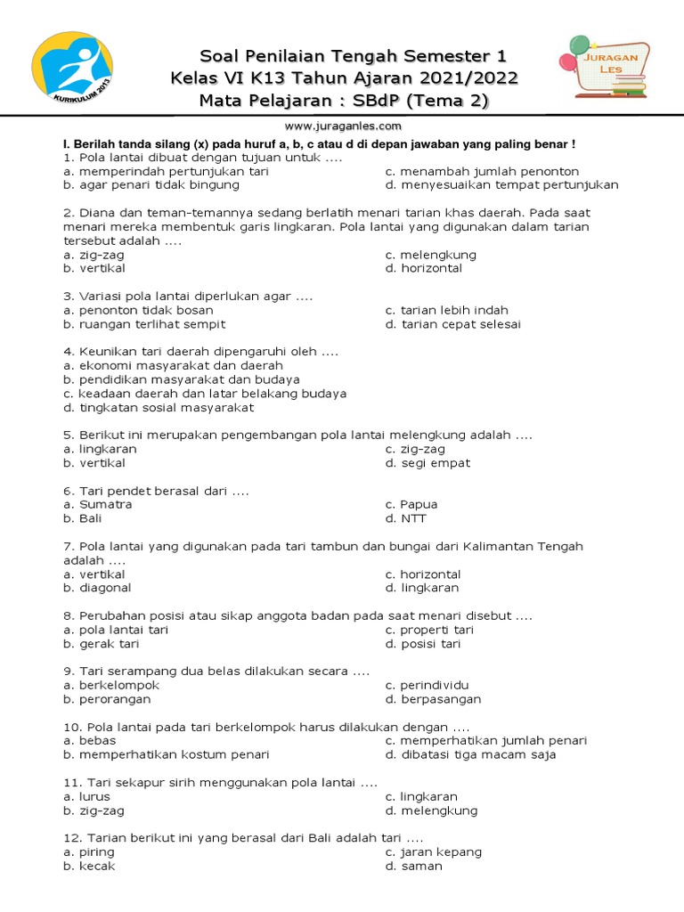 Soal SBDP Kelas 6 Semester 1 (Tema2) 2021 | PDF