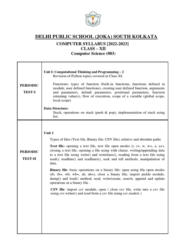 Delhi Public School Joka South Kolkata Computer Science Class Xii Syllabus 2022 2023 An
