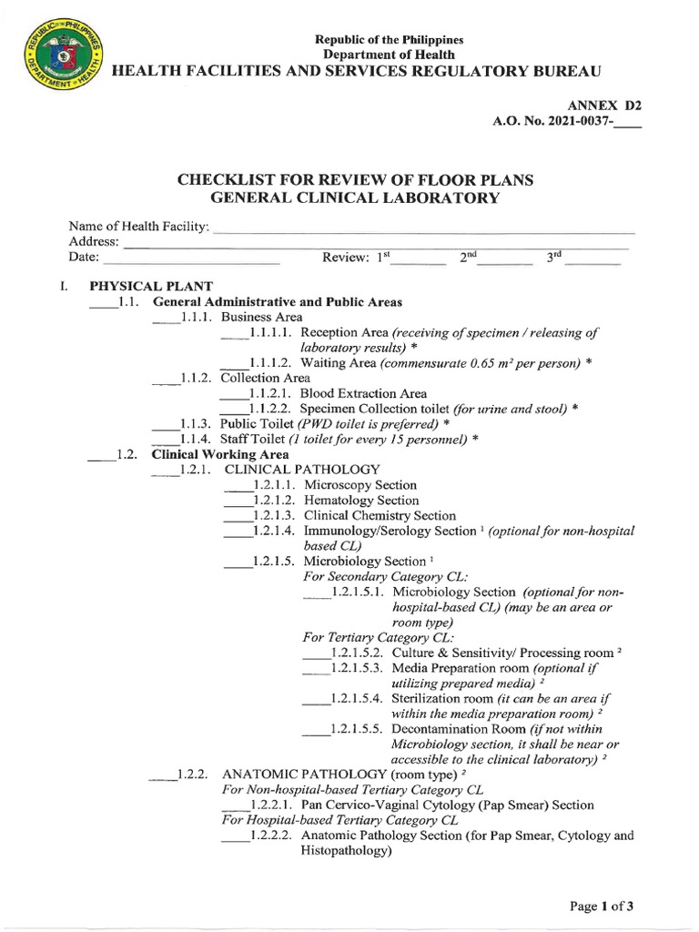Checklist For Review of Floor Plans General Clinical Laboratory | PDF