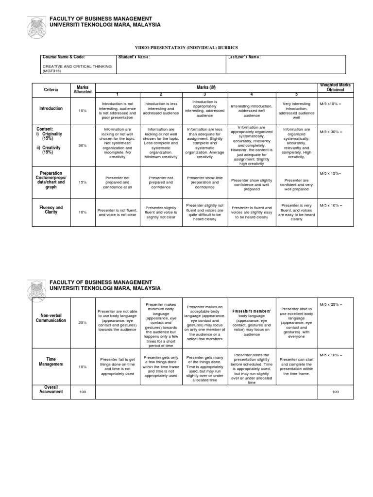 Video Presentation (Individual) Rubrics | PDF | Fluency | Body Language