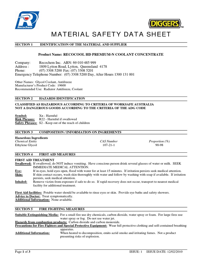MSDS Recocool HD Premium N | PDF | Personal Protective Equipment | Toxicity