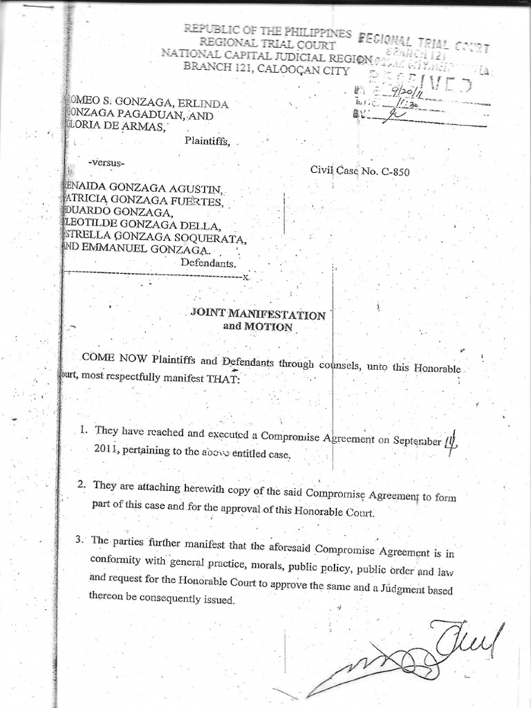 Joint Manifestation and Motion + Compromise Agreement ...