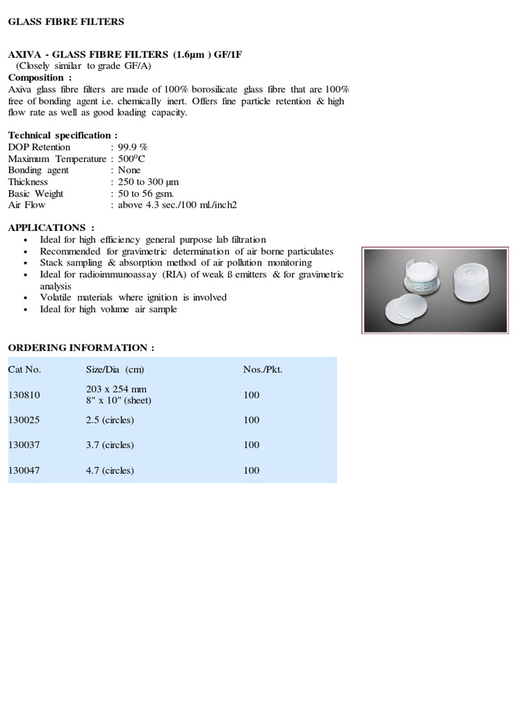 Glass Fibre Filters - Axiva | PDF | Filtration | Glasses