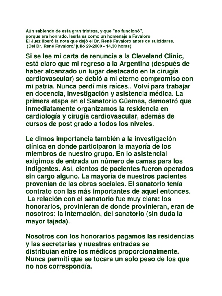 Carta Postuma Del Dr. Favaloro | PDF | Bienestar | Medicina