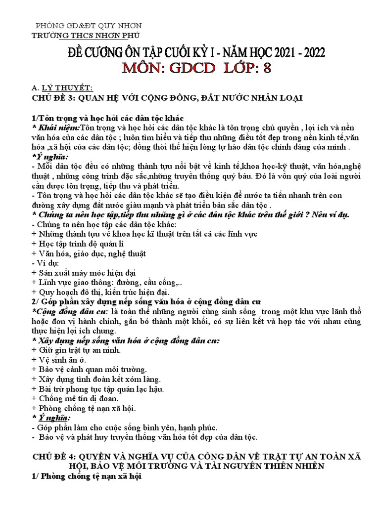 De Cuong GDCD 8 CK I 2021 2022 | PDF