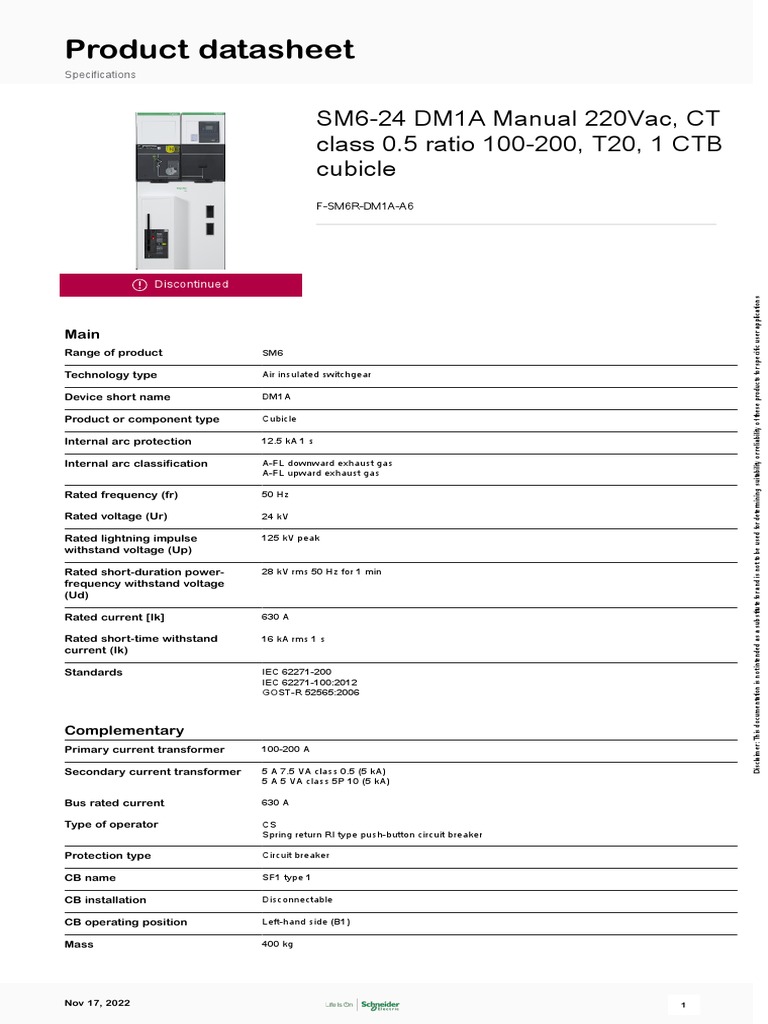 Product Datasheet for Discontinued SM6-24 DM1A Manual 220Vac, CT Class 0.5 Ratio 100-200, T20, 1 ...