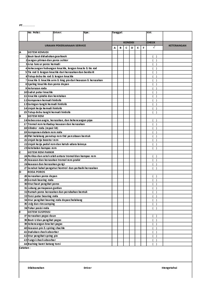 Form Pengecekan Kondisi Kendaraan | PDF