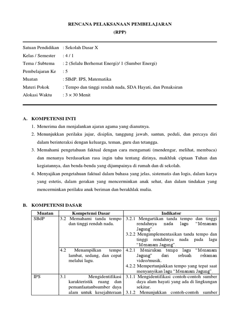 (RPP Lengkap) Kelas 4 Tema 2 Sub 1 Pemb 5 | PDF
