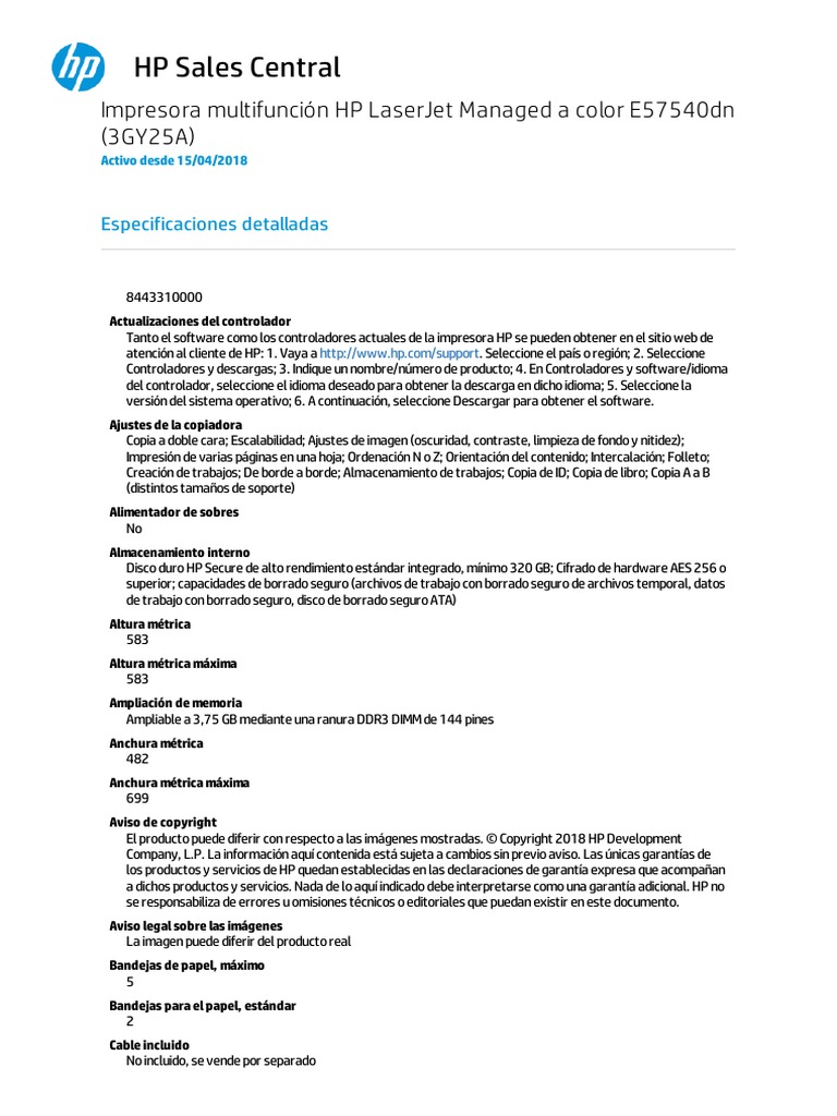 HP Sales Central: Impresora Multifunción HP Laserjet Managed A Color ...