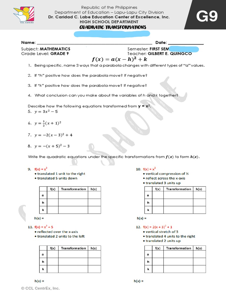 Quadratic Transformations Worksheet | PDF | Teaching Methods & Materials