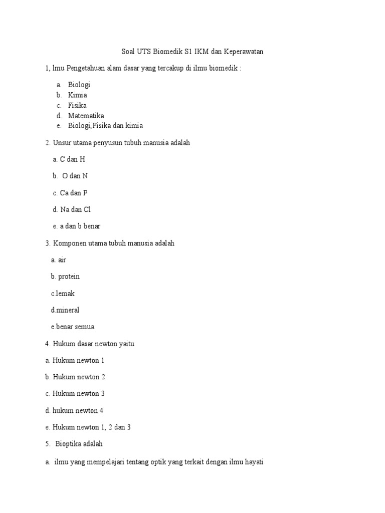 Soal UTS Biomedik S1 IKM Dan Keperawatan | PDF