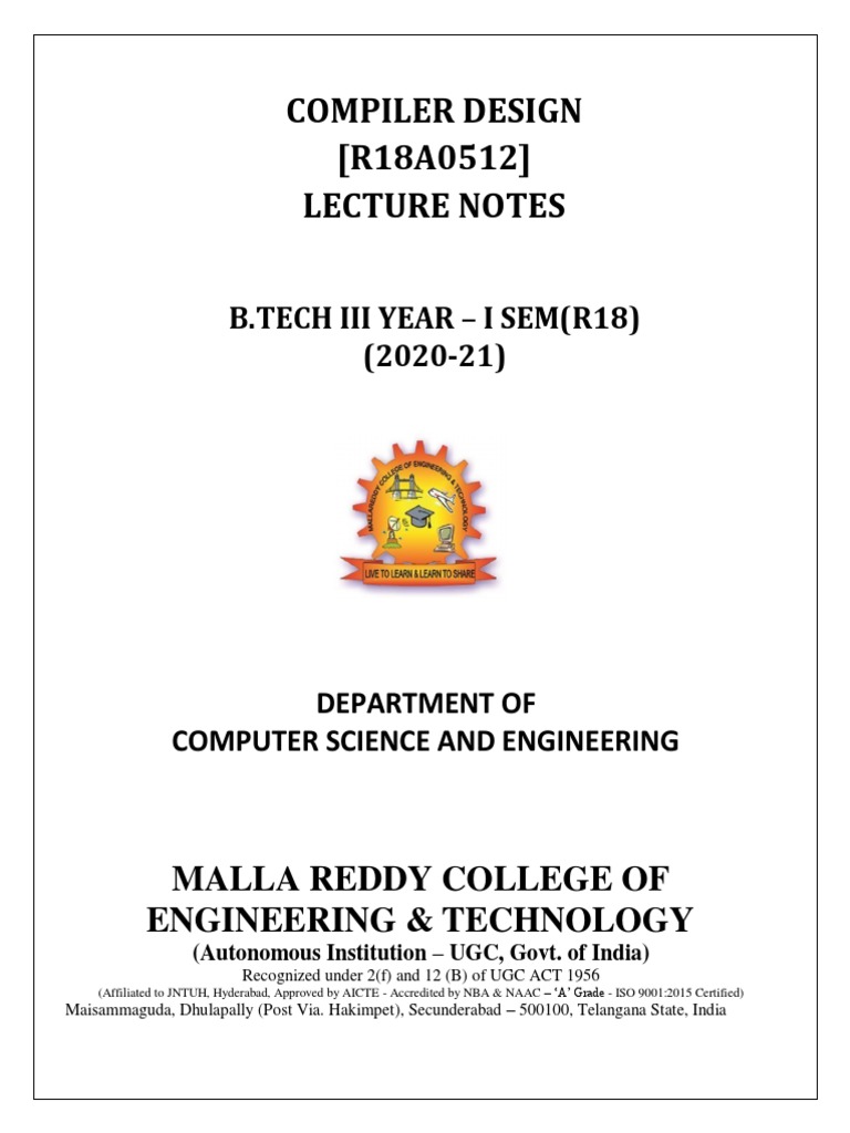 Compiler Design Notes Language Processing And Translators Pdf Parsing Compiler