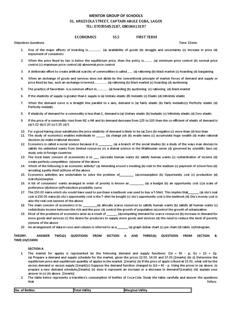 SS2 First Term Economics Exam Questions | PDF