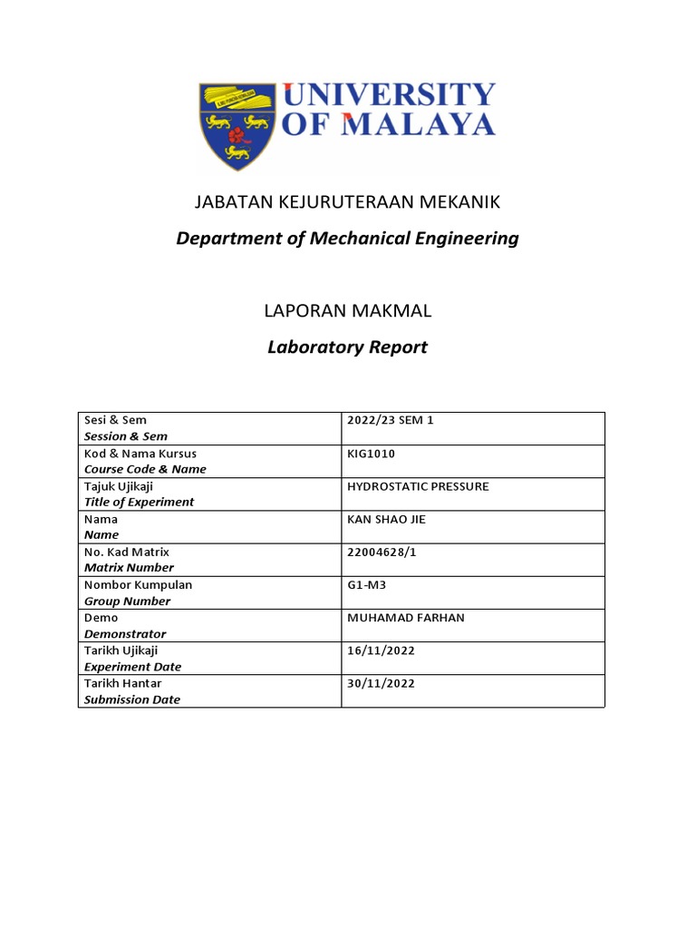 Hydrostatic Pressure Lab Report | PDF | Force | Pressure