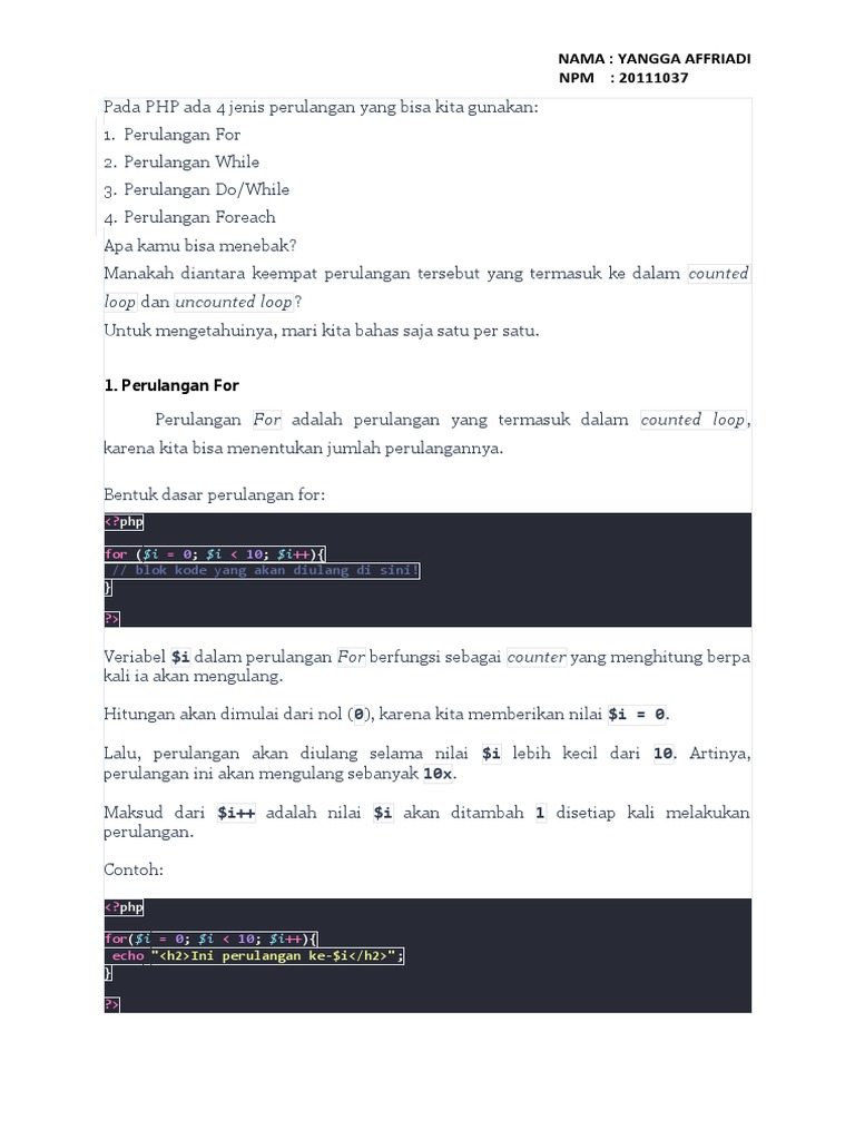 Jenis Perulangan PHP dan Contohnya | PDF | Karier & Perkembangan | Metode & Bahan Ajar