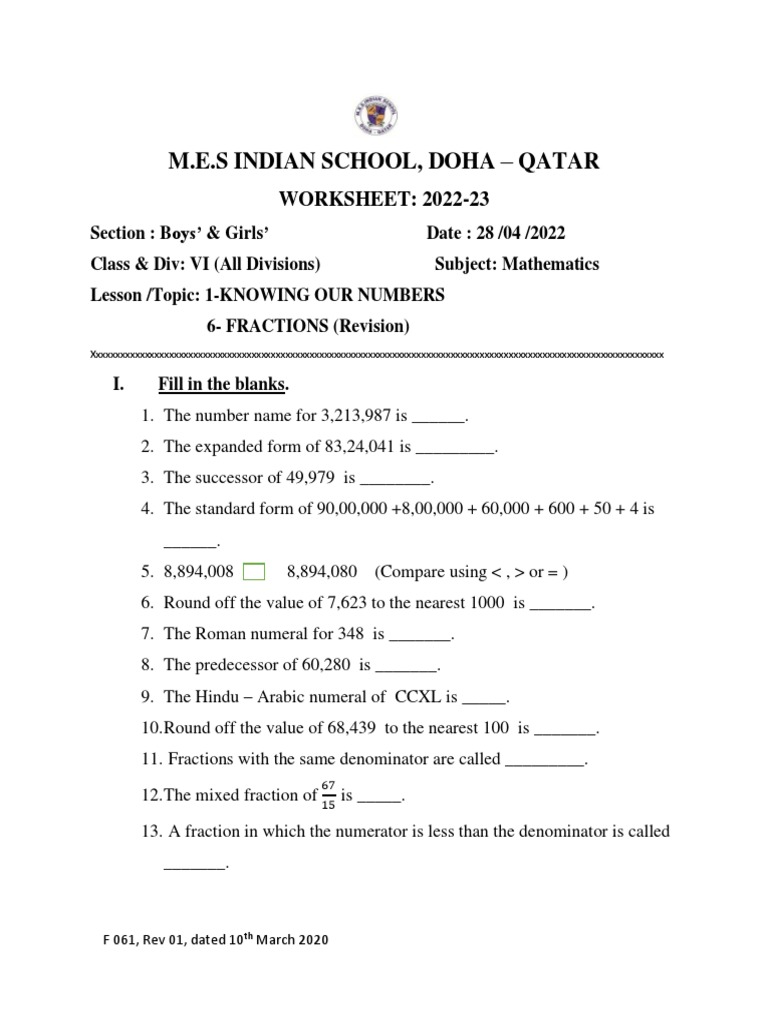 Class 6 Mathematics Revision Worksheet Ch-1 Knowing Our Numbers and Ch ...