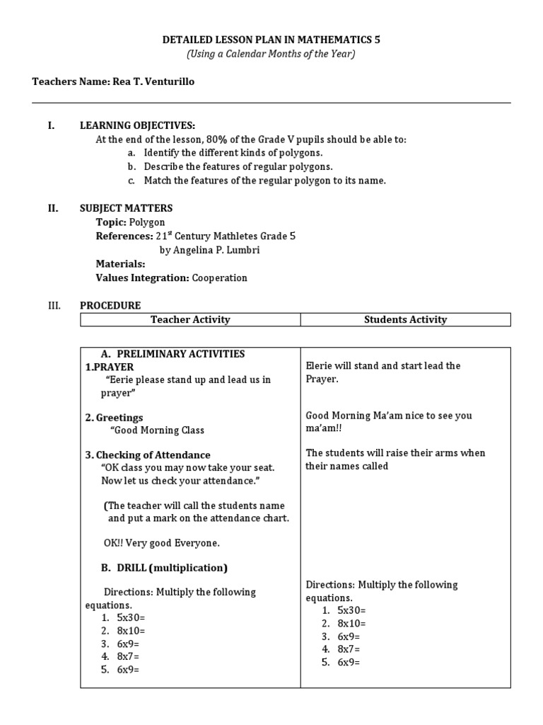 Detailed Lesson Plan MATH | PDF | Polygon | Geometry