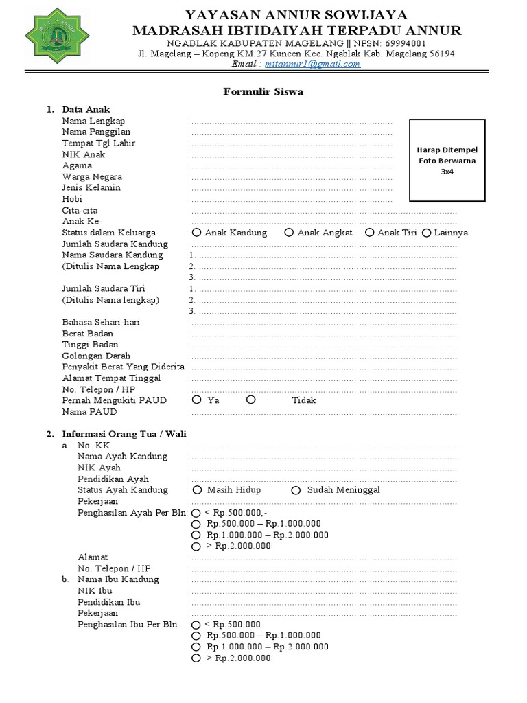 Formulir Pendaftaran Mi Annur | PDF