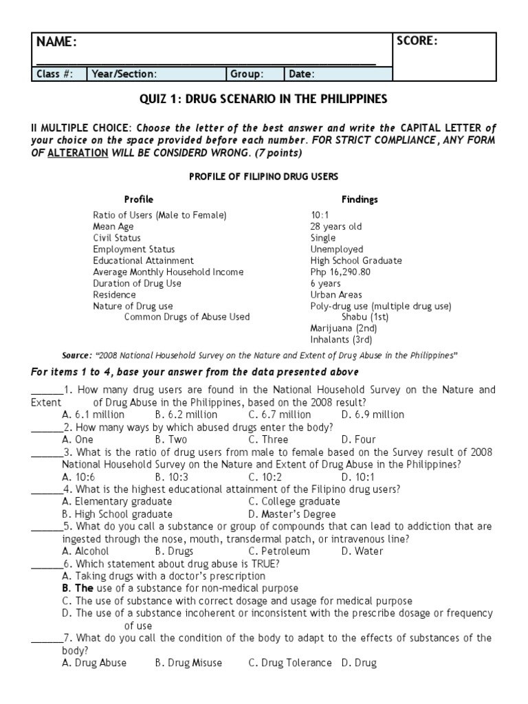 Drug Abuse Quiz for Filipino Students | PDF | Substance Abuse | Medical ...