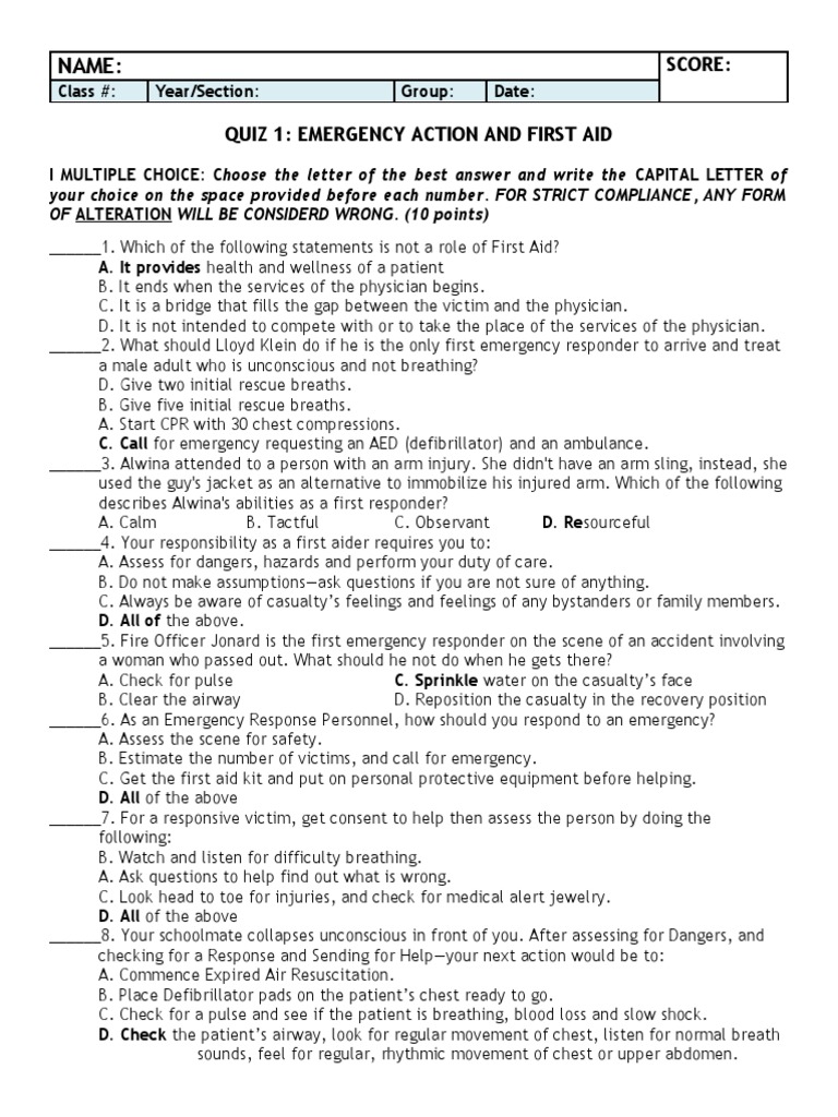 Health 9 3rd Quiz 1 Emergency Action and First Aid | PDF