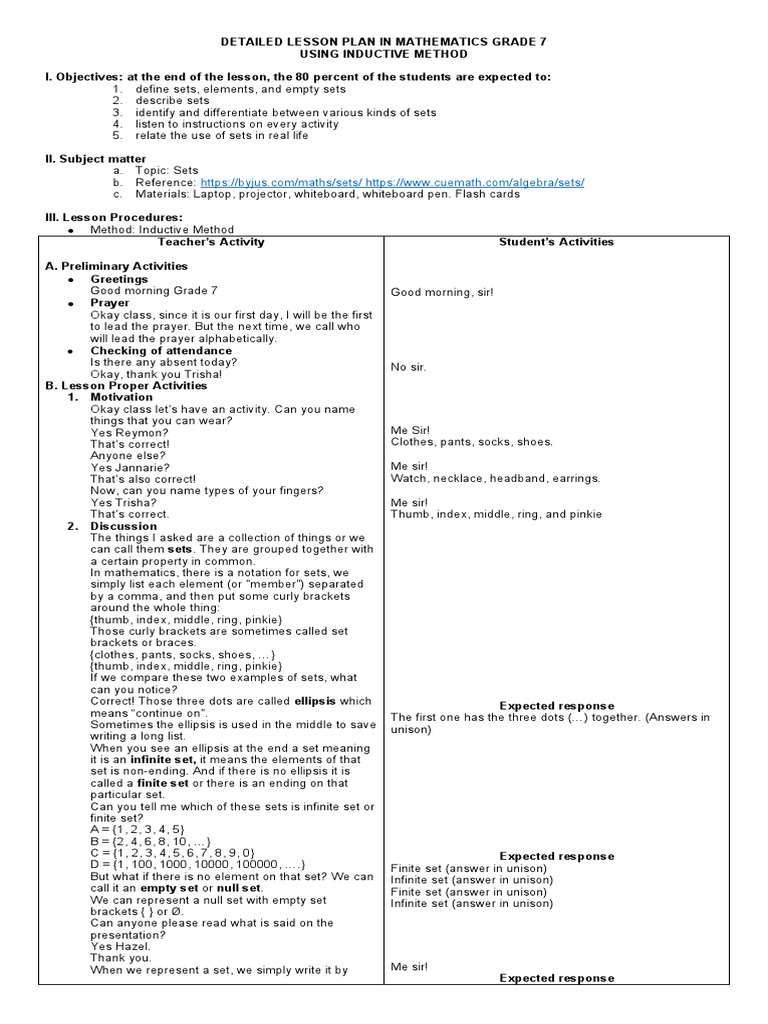 Detailed Lesson Plan in Mathematics Grade 7 1 | PDF | Set (Mathematics ...