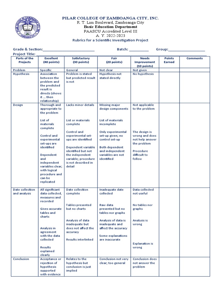 Rubrics For A Scientific Investigation Project | PDF