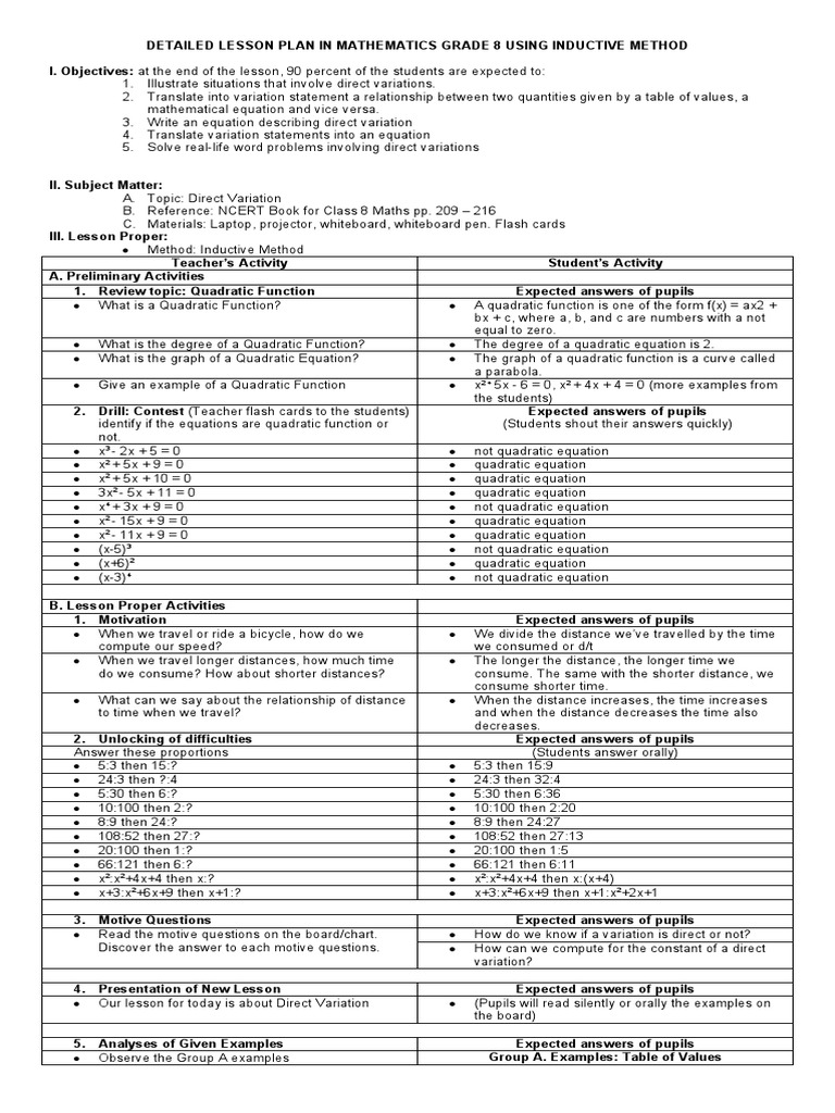 Detailed Lesson Plan in Mathematics Grade 8 Using Inductive Method | PDF