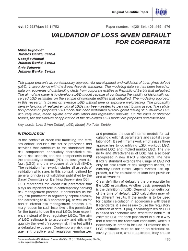 Validation of Loss Given Default | PDF | Risk | Financial Services