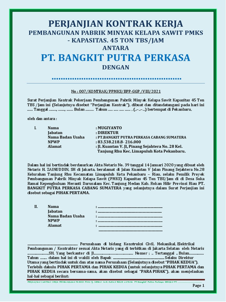 DRAF KONTRAK KERJA PMKS TJ - Medan BPP-GGP - Rev | PDF