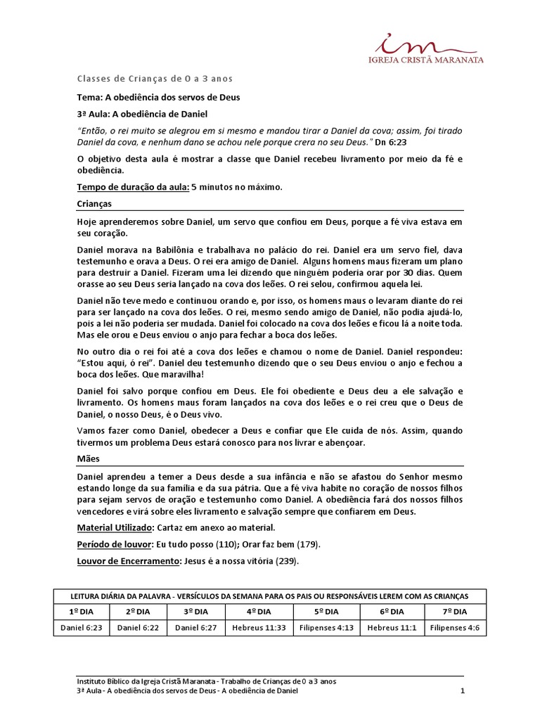 3a Aula - 0 A 3 Anos - A Obediencia Dos Servos de Deus - A Obediencia ...
