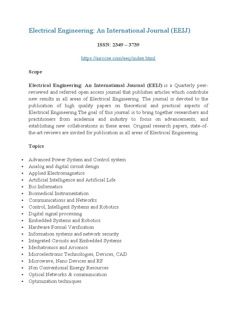 EEIJ: Call for Electrical Engineering Papers | PDF | Electrical Engineering | Computing