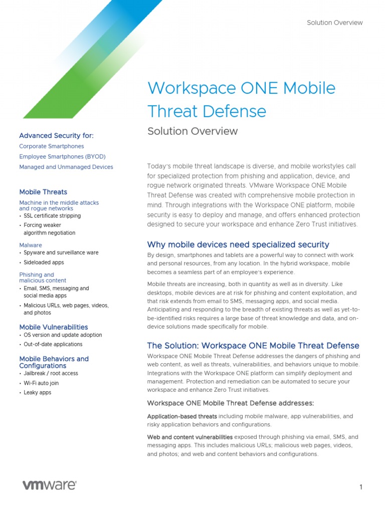 Vmware Workspace One Mobile Threat Defense Solution Brief | PDF | Mobile App | Security