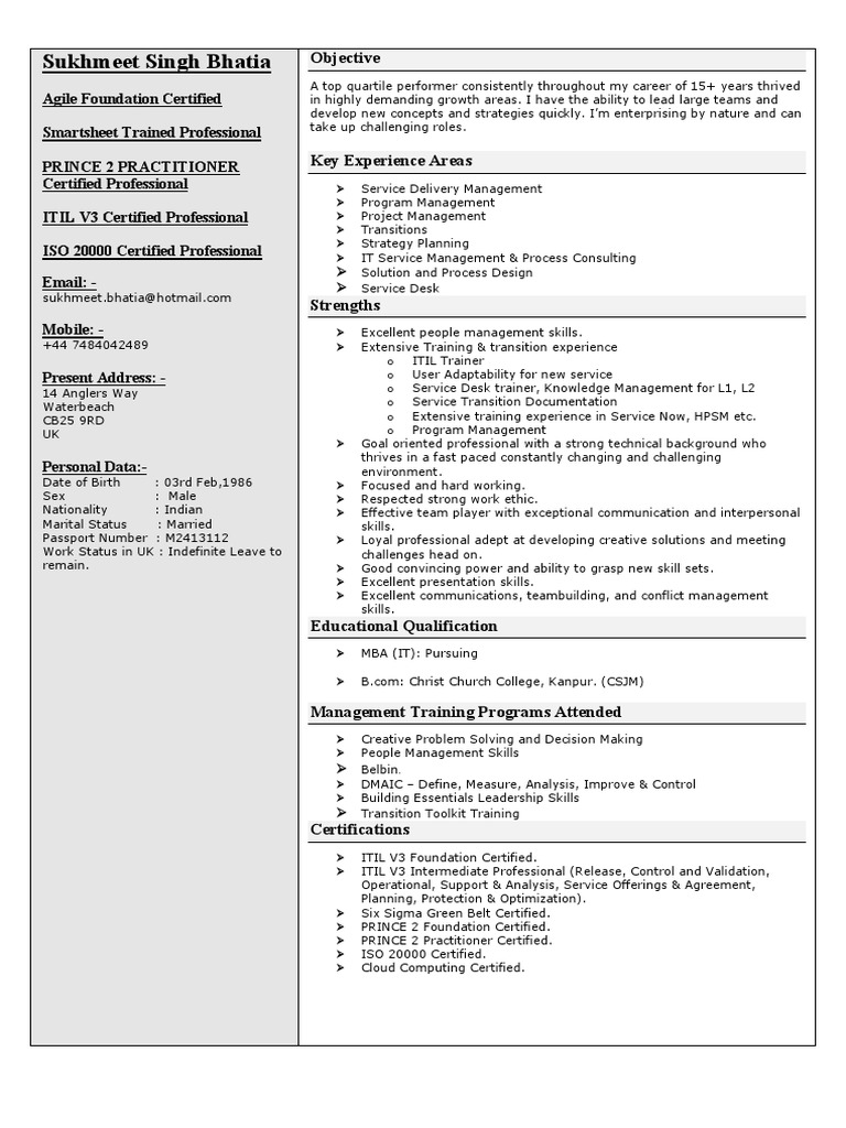 Sukhmeet+Singh+Bhatia+CV | PDF | It Service Management | Supply Chain