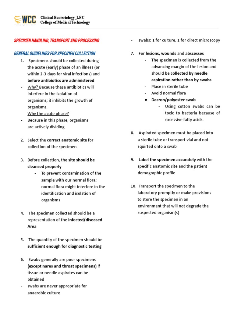 Cb1 Specimen Handling Transport And Processing Pdf Infection