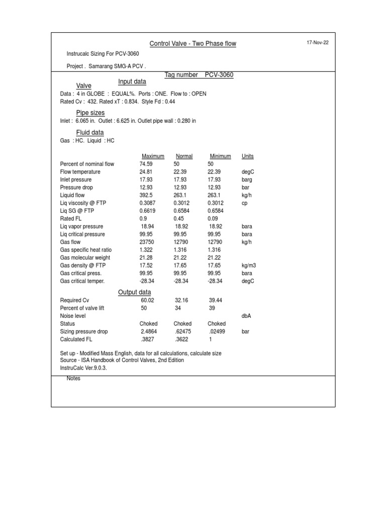 InstruCalc Control Valve Sizing PCV-3060 17.11.22 | PDF | Pressure | Valve