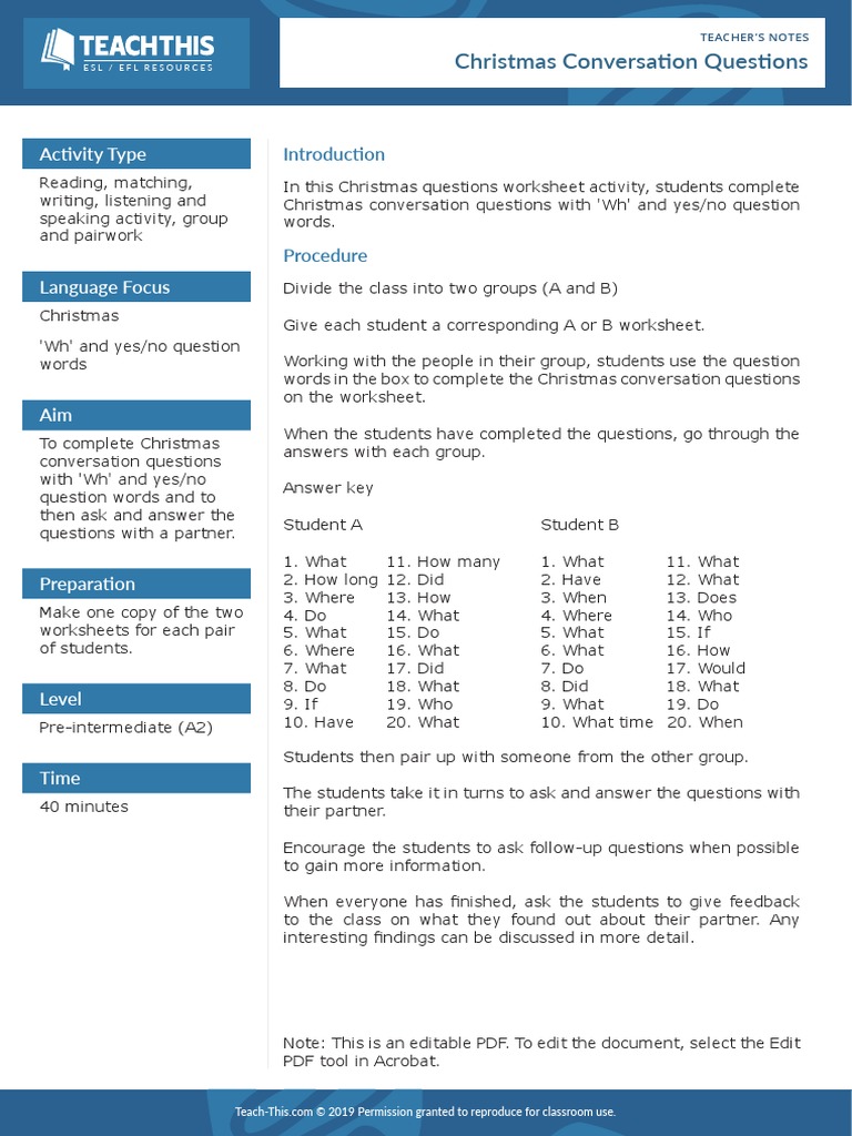 Christmas Conversation Questions | PDF | Christmas | English As A ...