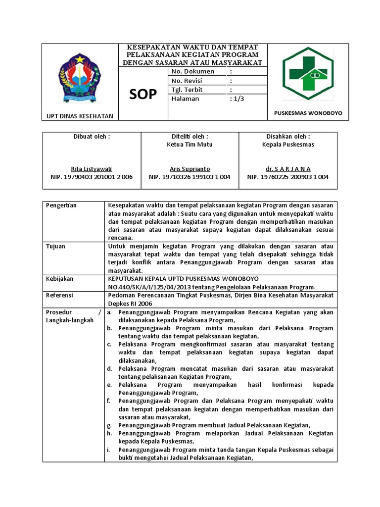 Sop Kesepakatan WKT & Tempat Program | PDF