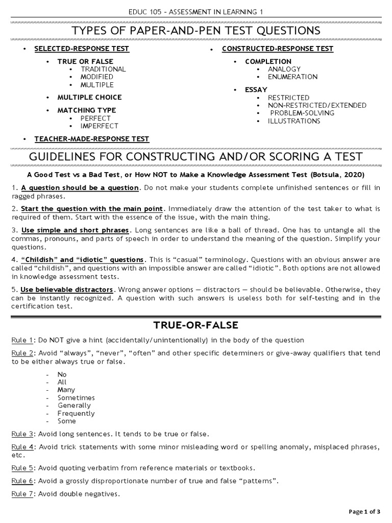 (Handout) Types of Paper-And-Pen Test | PDF | Multiple Choice | Question