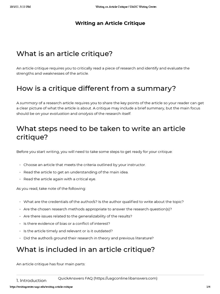 Writing An Article Critique - UAGC Writing Center | PDF | Cognition | Communication