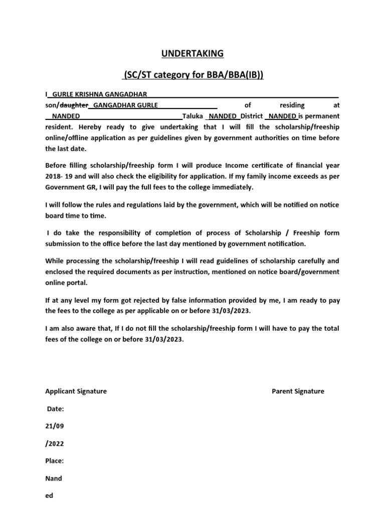 SC/ST Scholarship Undertaking for BBA | PDF