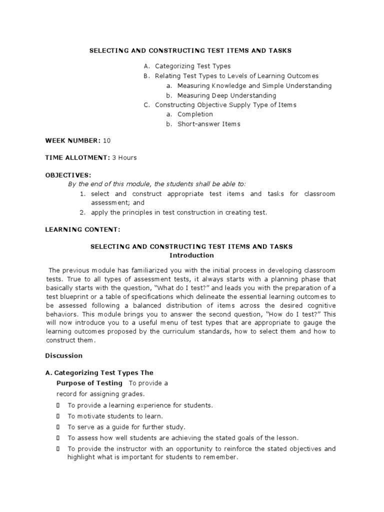 Selecting and Constructing Test Items and Tasks | PDF | Learning ...