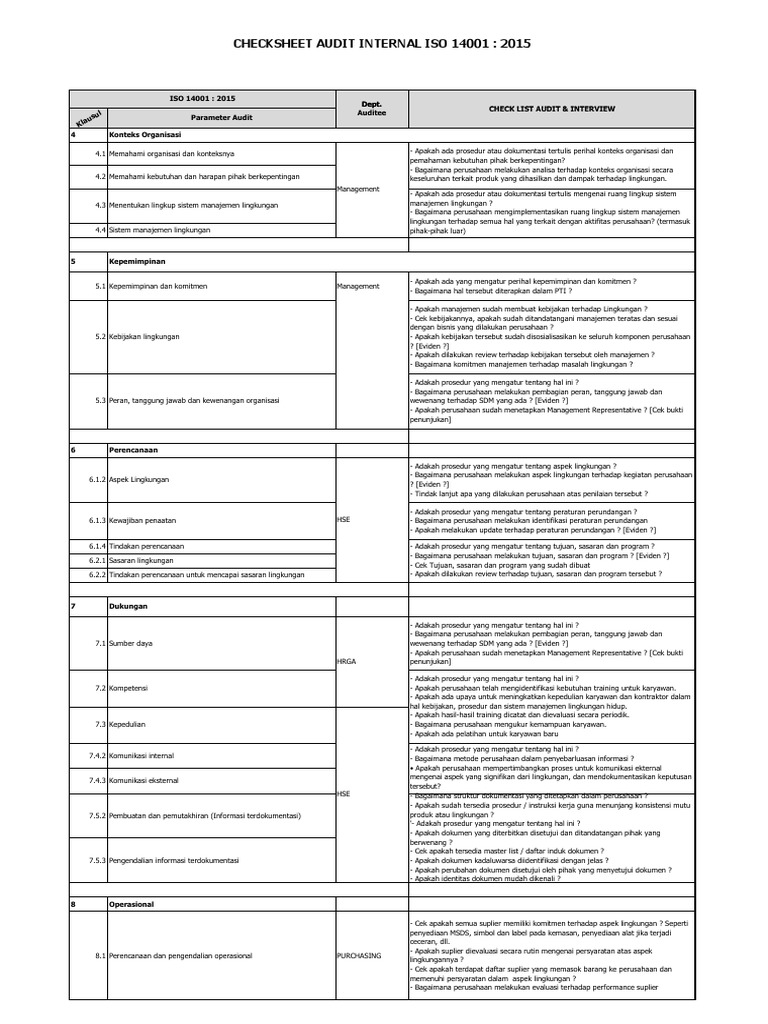 Checklist ISO 14001 2015 | PDF