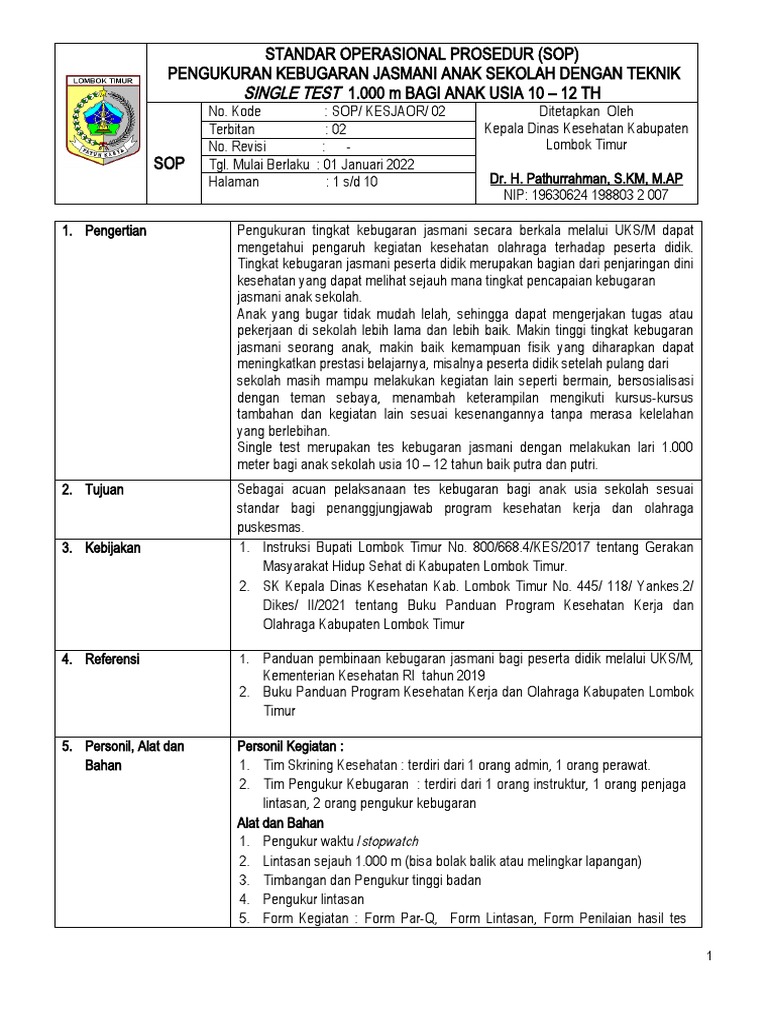 Sop Tes Kebugaran Anak Sekolah | PDF