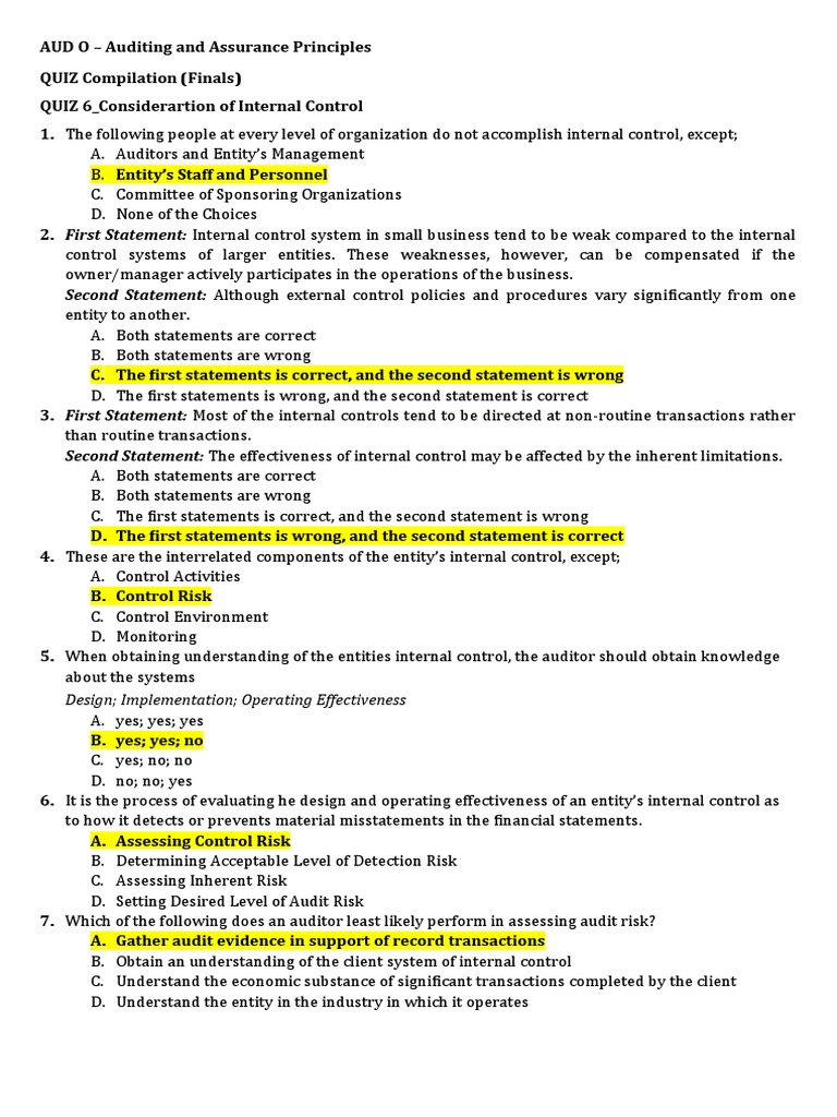 AUD O - Compilation Quiz (Reviewer) | PDF | Internal Control | Financial Audit