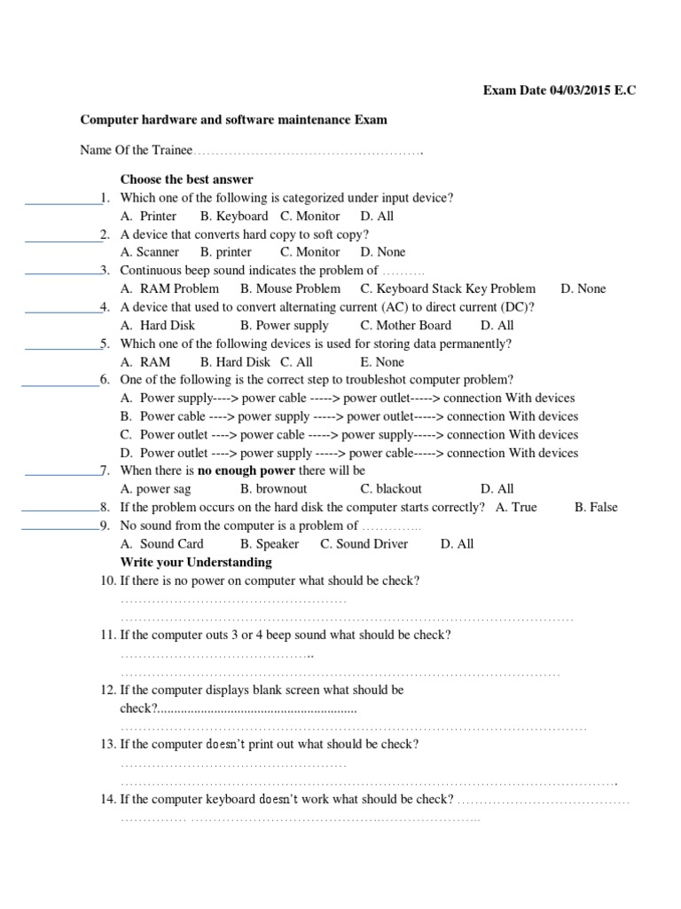 Computer Hardware and Software Maintenance Exam | PDF | Computer ...
