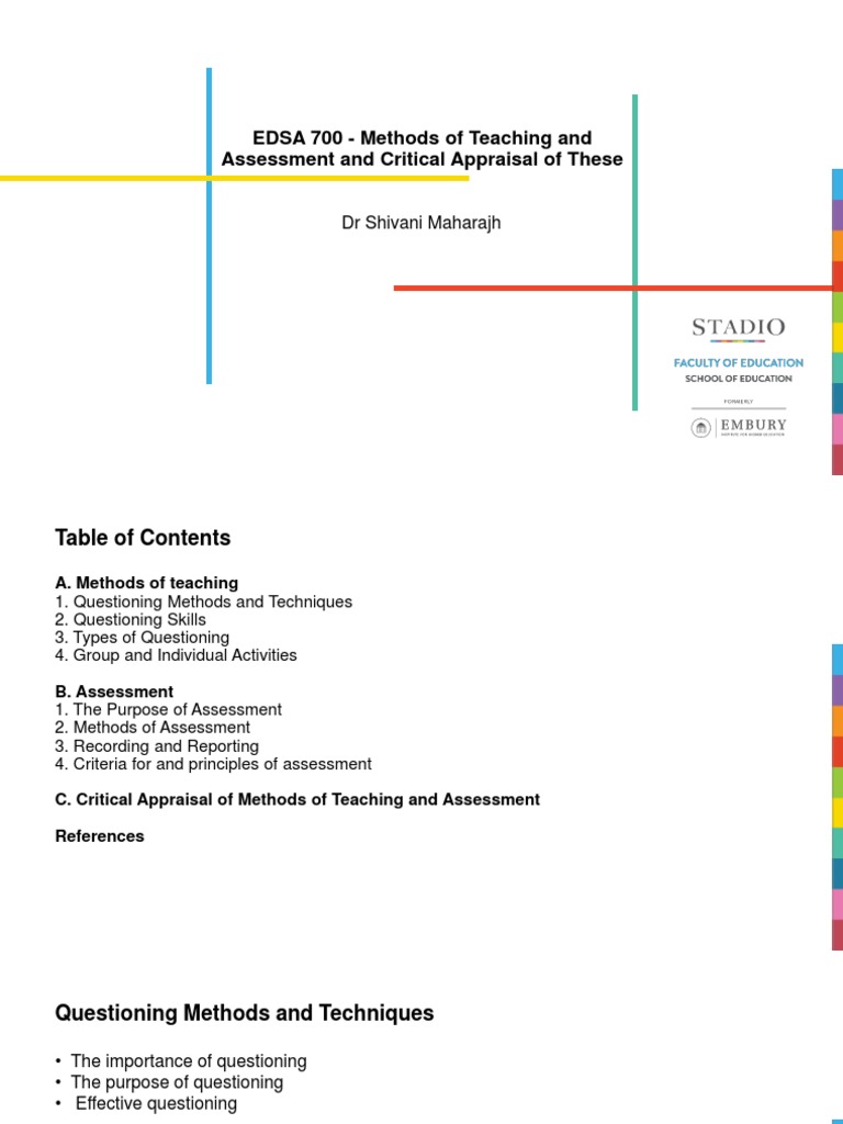 Methods of Teaching and Assessment in Education: A Focus on Questioning ...
