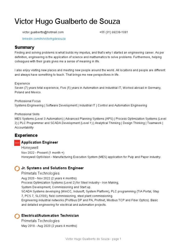 Victor Hugo Gualberto: Engineering Resume | PDF | Automation | Engineering