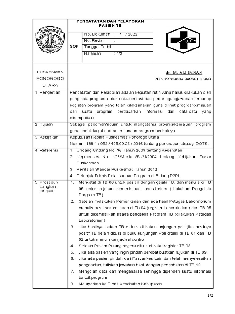 Sop Pencatatan Dan Pelaporan Pasien TB | PDF | Teknologi & Rekayasa