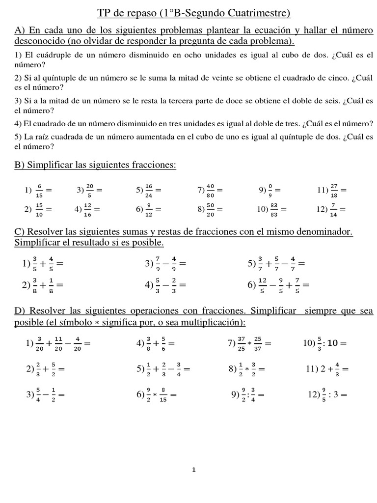 TP DE REPASO. 1°B. SEGUNDO CUATRIMESTRE. | PDF | Matemáticas | Matemática Elemental
