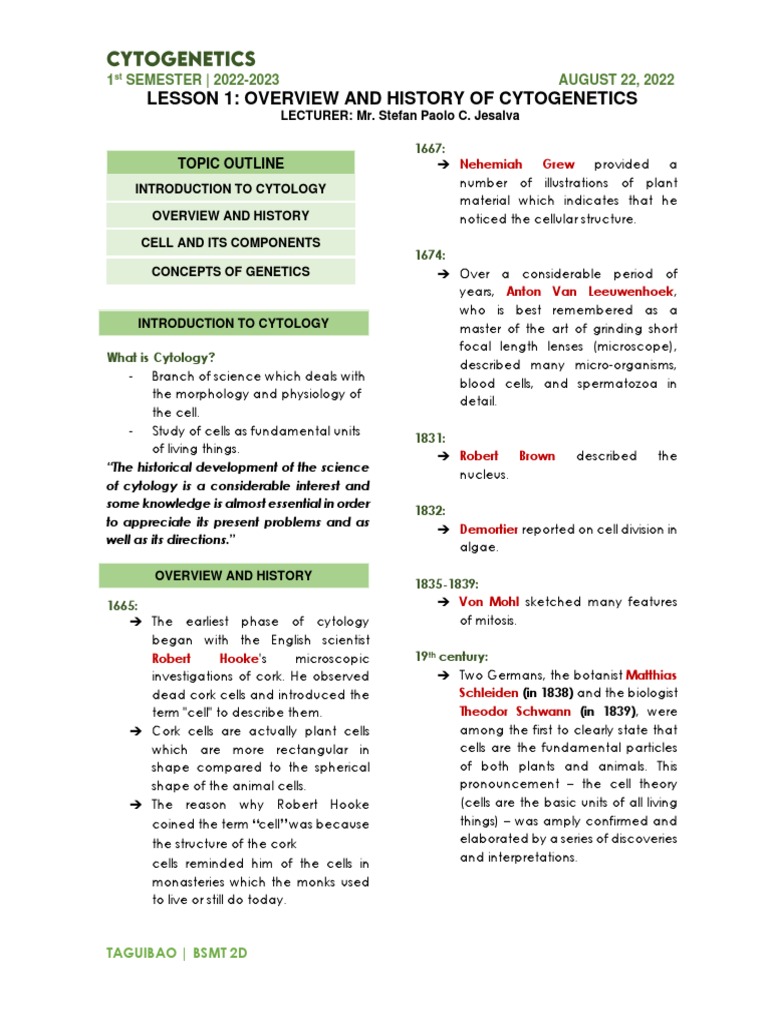 Cytogenetics - Lesson 1 - Overview and History | PDF | Genotype | Allele